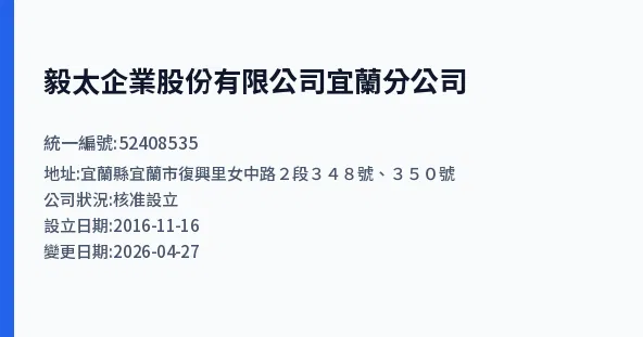 毅太企業股份有限公司宜蘭分公司的照片-統編 52408535(宜蘭縣) 公司登記資料與營業項目詳細圖表