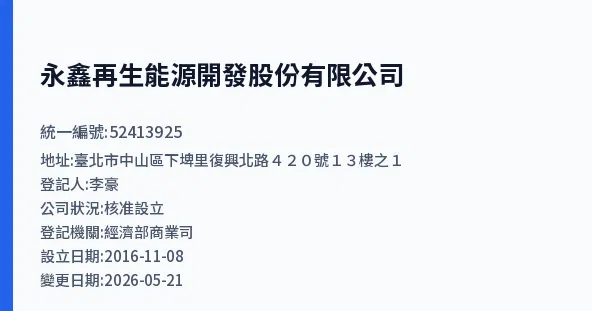永鑫再生能源開發股份有限公司的照片-統編 52413925(臺北市) 公司登記資料與營業項目詳細圖表