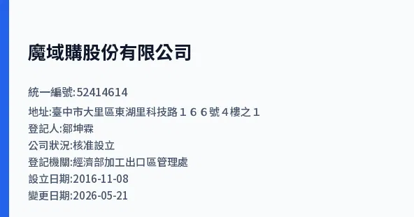 魔域購股份有限公司的照片-統編 52414614(臺中市) 公司登記資料與營業項目詳細圖表