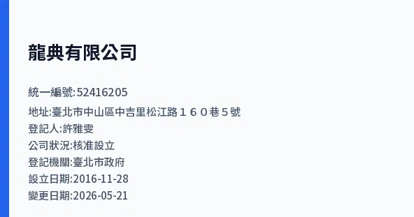 龍典有限公司的照片-統編 52416205(臺北市) 公司登記資料與營業項目詳細圖表