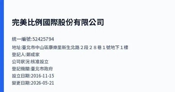 完美比例國際股份有限公司的照片-統編 52425794(臺北市) 公司登記資料與營業項目詳細圖表