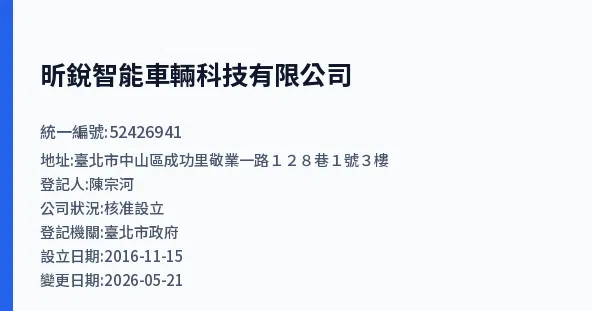 昕銳智能車輛科技有限公司的照片-統編 52426941(臺北市) 公司登記資料與營業項目詳細圖表