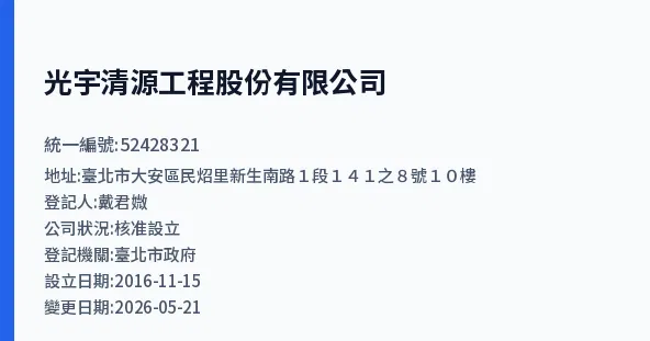 光宇清源工程股份有限公司的照片-統編 52428321(臺北市) 公司登記資料與營業項目詳細圖表