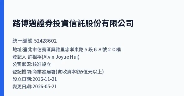 路博邁證券投資信託股份有限公司的照片-統編 52428602(臺北市) 公司登記資料與營業項目詳細圖表