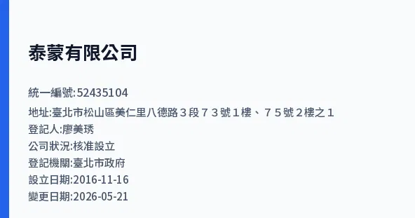 泰蒙有限公司的照片-統編 52435104(臺北市) 公司登記資料與營業項目詳細圖表