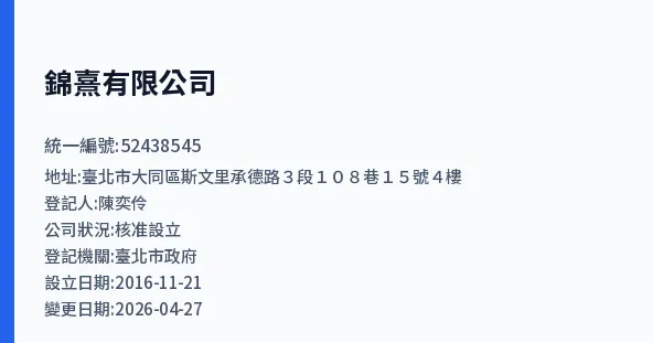 錦熹有限公司的照片-統編 52438545(臺北市) 公司登記資料與營業項目詳細圖表