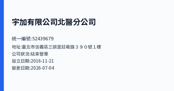 宇加有限公司北醫分公司的照片-統編 52439679(臺北市) 公司登記資料與營業項目詳細圖表