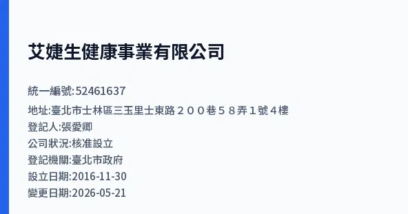 艾婕生健康事業有限公司的照片-統編 52461637(臺北市) 公司登記資料與營業項目詳細圖表