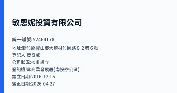 敏恩妮投資有限公司的照片-統編 52464178(新竹縣) 公司登記資料與營業項目詳細圖表