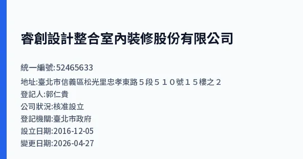睿創設計整合室內裝修股份有限公司的照片-統編 52465633(臺北市) 公司登記資料與營業項目詳細圖表