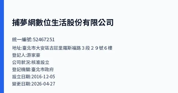 捕夢網數位生活股份有限公司的照片-統編 52467251(臺北市) 公司登記資料與營業項目詳細圖表