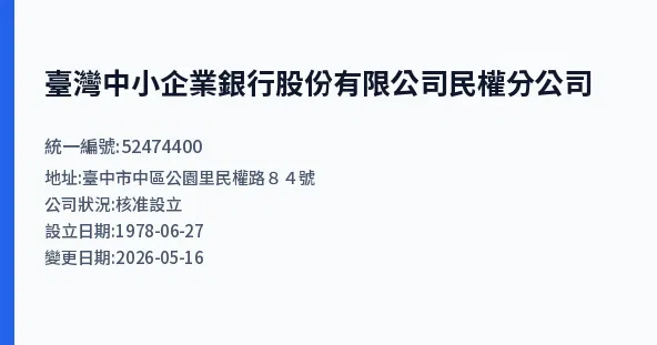 臺灣中小企業銀行股份有限公司民權分公司的照片-統編 52474400(臺中市) 公司登記資料與營業項目詳細圖表