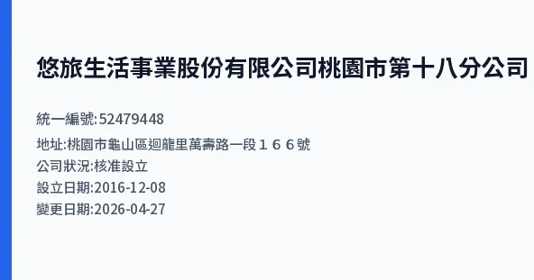 悠旅生活事業股份有限公司桃園市第十八分公司的照片-統編 52479448(桃園市) 公司登記資料與營業項目詳細圖表