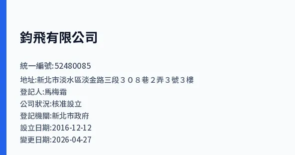 鈞飛有限公司的照片-統編 52480085(新北市) 公司登記資料與營業項目詳細圖表