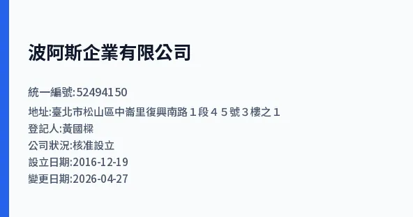 波阿斯企業有限公司的照片-統編 52494150(臺北市) 公司登記資料與營業項目詳細圖表