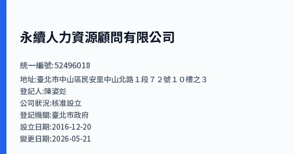 永續人力資源顧問有限公司的照片-統編 52496018(臺北市) 公司登記資料與營業項目詳細圖表