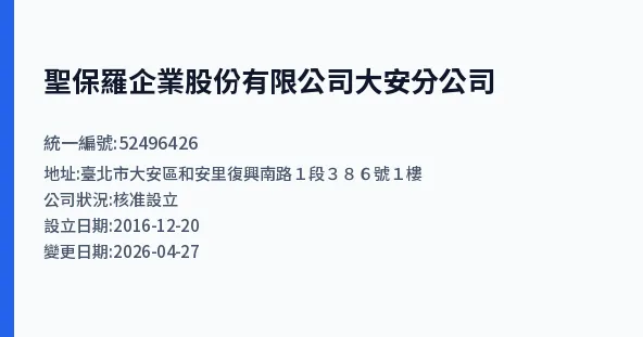 聖保羅企業股份有限公司大安分公司的照片-統編 52496426(臺北市) 公司登記資料與營業項目詳細圖表