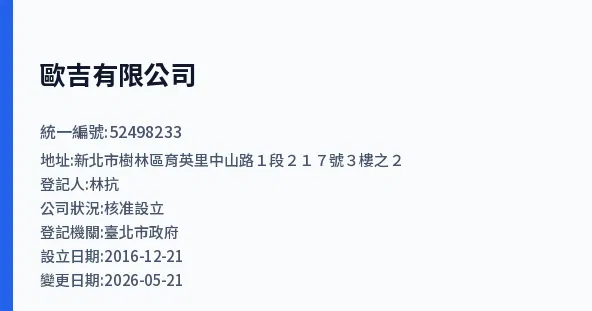 歐吉有限公司的照片-統編 52498233(新北市) 公司登記資料與營業項目詳細圖表