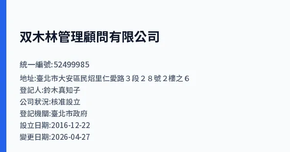 双木林管理顧問有限公司的照片-統編 52499985(臺北市) 公司登記資料與營業項目詳細圖表