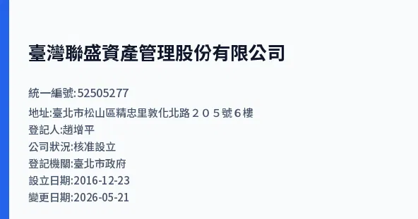 臺灣聯盛資產管理股份有限公司的照片-統編 52505277(臺北市) 公司登記資料與營業項目詳細圖表