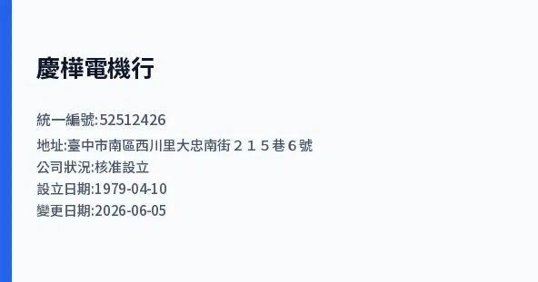 慶樺電機行的照片-統編 52512426(臺中市) 公司登記資料與營業項目詳細圖表
