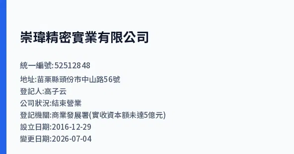 崇瑋精密實業有限公司的照片-統編 52512848(苗栗縣) 公司登記資料與營業項目詳細圖表