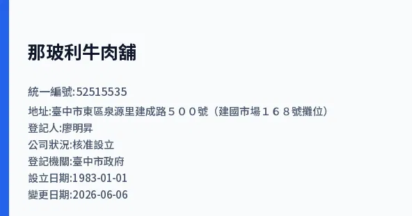那玻利牛肉舖的照片-統編 52515535(臺中市) 公司登記資料與營業項目詳細圖表