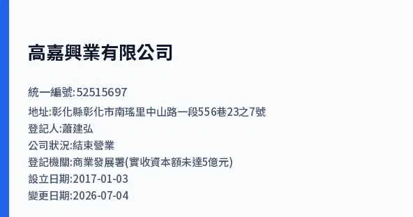 高嘉興業有限公司的照片-統編 52515697(彰化縣) 公司登記資料與營業項目詳細圖表