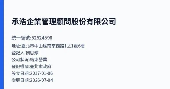 承浩企業管理顧問股份有限公司的照片-統編 52524598(臺北市) 公司登記資料與營業項目詳細圖表