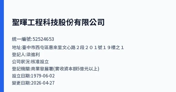 聖暉工程科技股份有限公司的照片-統編 52524653(臺中市) 公司登記資料與營業項目詳細圖表