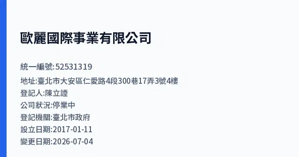歐麗國際事業有限公司的照片-統編 52531319(臺北市) 公司登記資料與營業項目詳細圖表