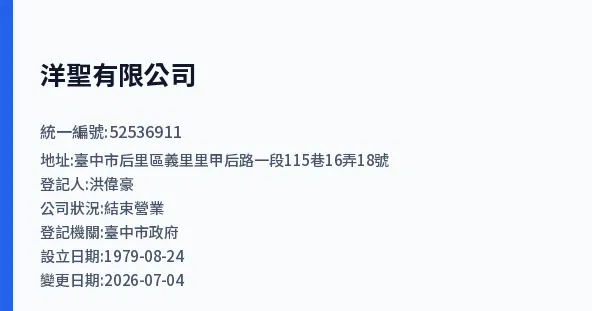 洋聖有限公司的照片-統編 52536911(臺中市) 公司登記資料與營業項目詳細圖表