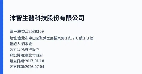沛智生醫科技股份有限公司的照片-統編 52539369(臺北市) 公司登記資料與營業項目詳細圖表