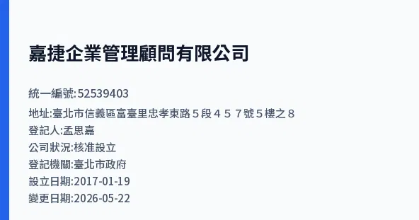 嘉捷企業管理顧問有限公司的照片-統編 52539403(臺北市) 公司登記資料與營業項目詳細圖表