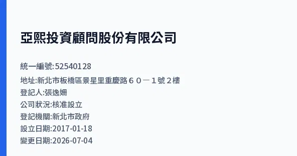 亞熙投資顧問股份有限公司的照片-統編 52540128(新北市) 公司登記資料與營業項目詳細圖表
