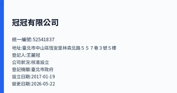 冠冠有限公司的照片-統編 52541837(臺北市) 公司登記資料與營業項目詳細圖表