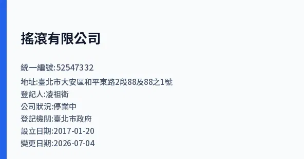 搖滾有限公司的照片-統編 52547332(臺北市) 公司登記資料與營業項目詳細圖表
