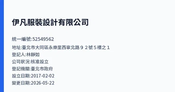 伊凡服裝設計有限公司的照片-統編 52549562(臺北市) 公司登記資料與營業項目詳細圖表