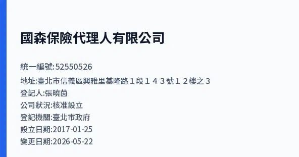 國森保險代理人有限公司的照片-統編 52550526(臺北市) 公司登記資料與營業項目詳細圖表