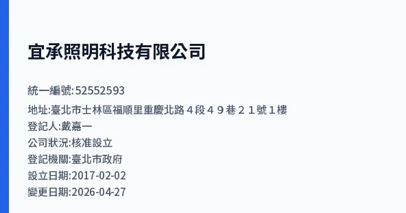 宜承照明科技有限公司的照片-統編 52552593(臺北市) 公司登記資料與營業項目詳細圖表