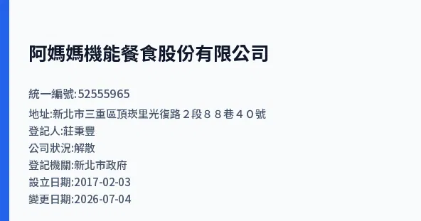 阿媽媽機能餐食股份有限公司的照片-統編 52555965(新北市) 公司登記資料與營業項目詳細圖表