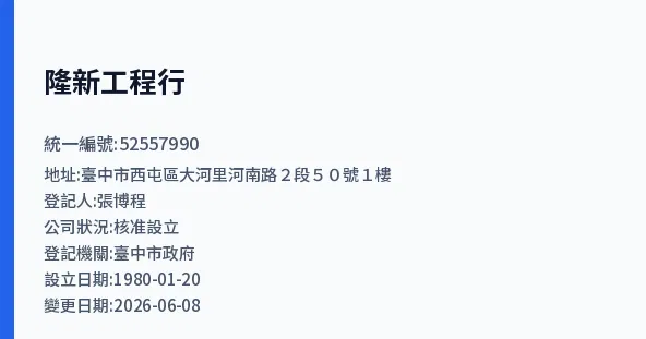 隆新工程行的照片-統編 52557990(臺中市) 公司登記資料與營業項目詳細圖表