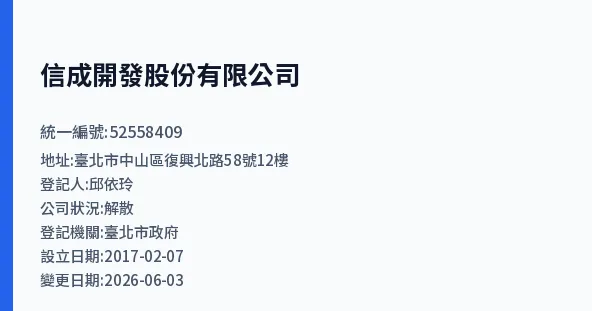 信成開發股份有限公司的照片-統編 52558409(臺北市) 公司登記資料與營業項目詳細圖表