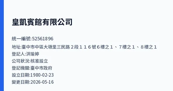 皇凱賓館有限公司的照片-統編 52561896(臺中市) 公司登記資料與營業項目詳細圖表