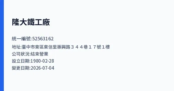 隆大鐵工廠的照片-統編 52563162(臺中市) 公司登記資料與營業項目詳細圖表