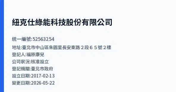 紐克仕綠能科技股份有限公司的照片-統編 52563254(臺北市) 公司登記資料與營業項目詳細圖表