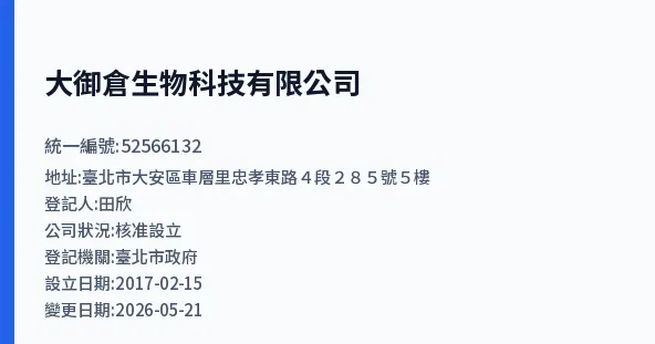 大御倉生物科技有限公司的照片-統編 52566132(臺北市) 公司登記資料與營業項目詳細圖表