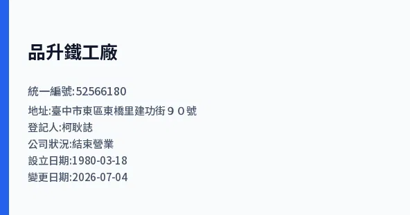 品升鐵工廠的照片-統編 52566180(臺中市) 公司登記資料與營業項目詳細圖表