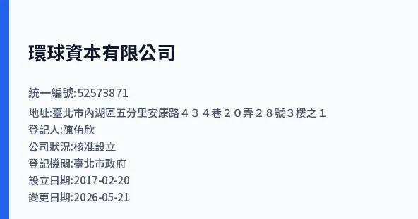 環球資本有限公司的照片-統編 52573871(臺北市) 公司登記資料與營業項目詳細圖表