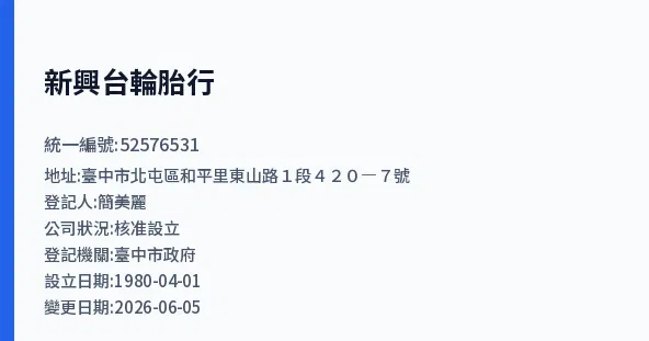 新興台輪胎行的照片-統編 52576531(臺中市) 公司登記資料與營業項目詳細圖表